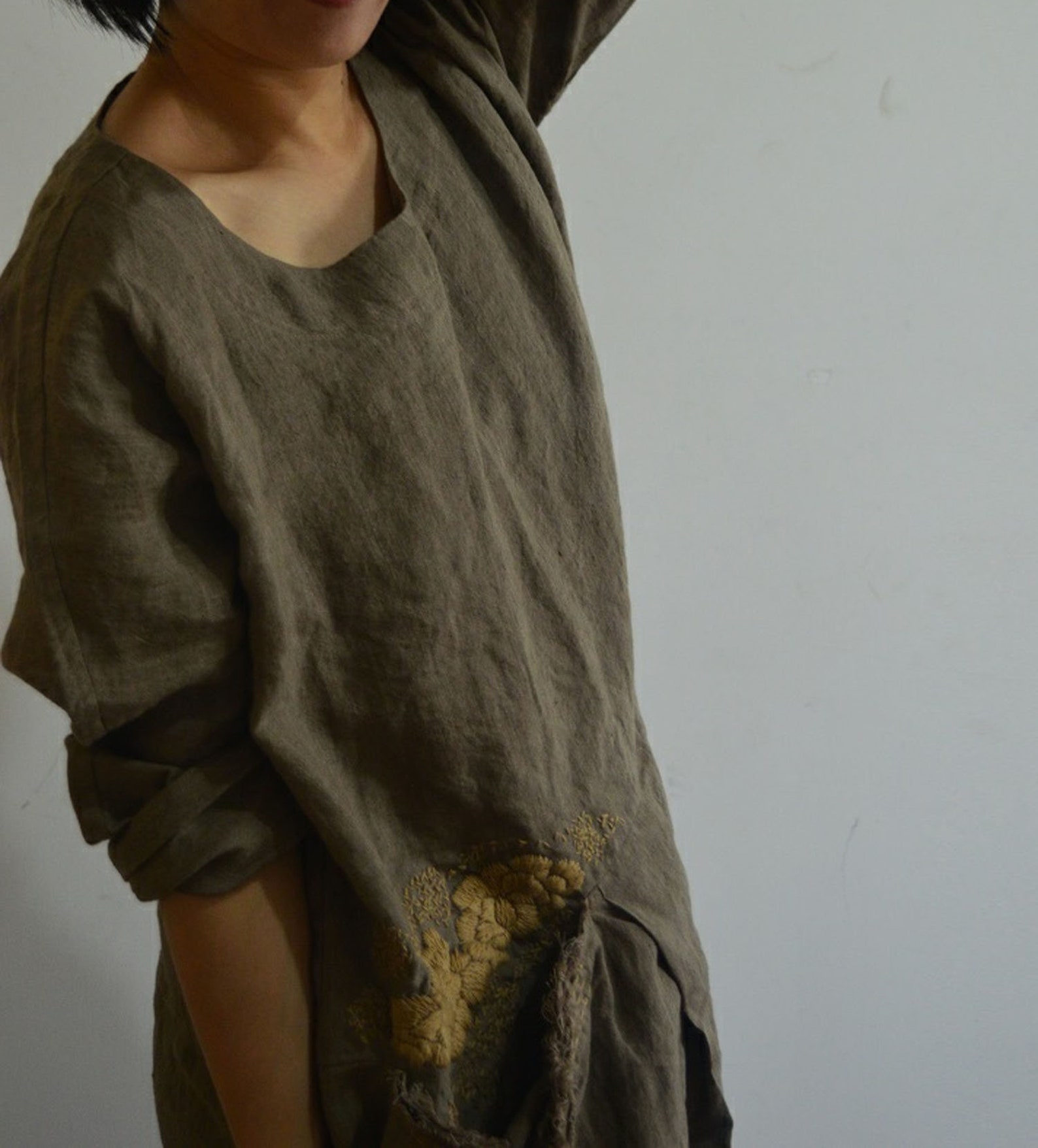 A141stone-washed Linen Dress Decored With Embroidered - Etsy