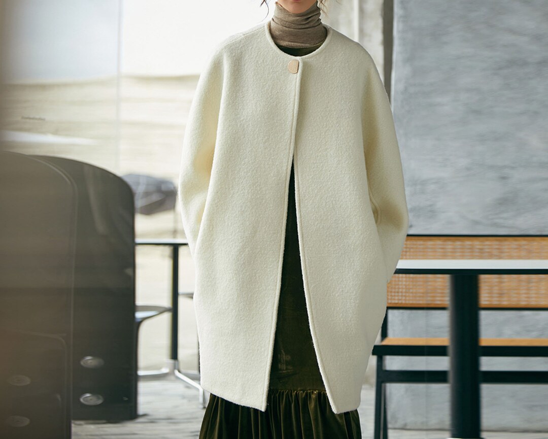 W068-women's Boiled Wool Kimono Wrap Coat in White, Tulip Coat, Cocoon ...