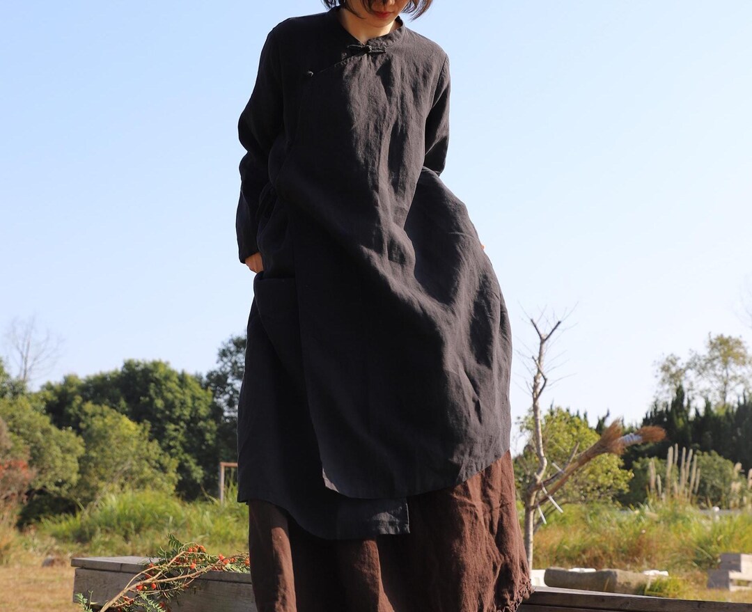 26021---loose Black Linen Wrap Qipao Dress, Modernized Cheongsam Dress ...