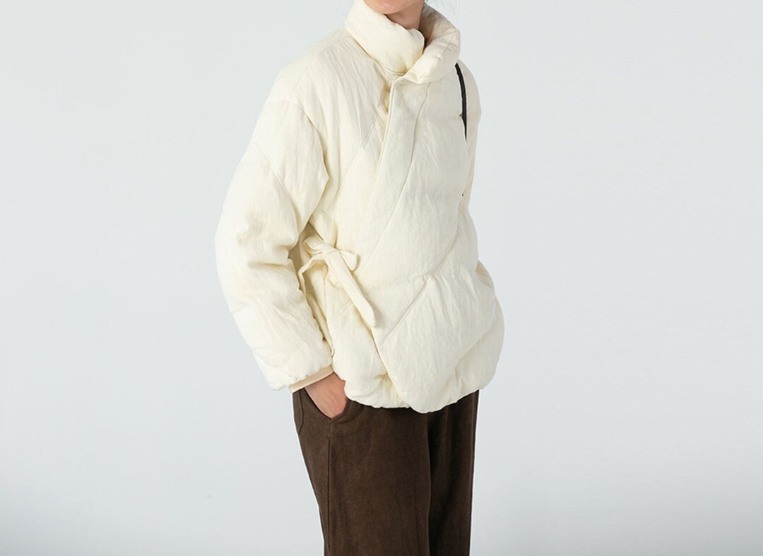 E073---woman's Linen Goose Down Coat in Cream Color, off White Winter ...