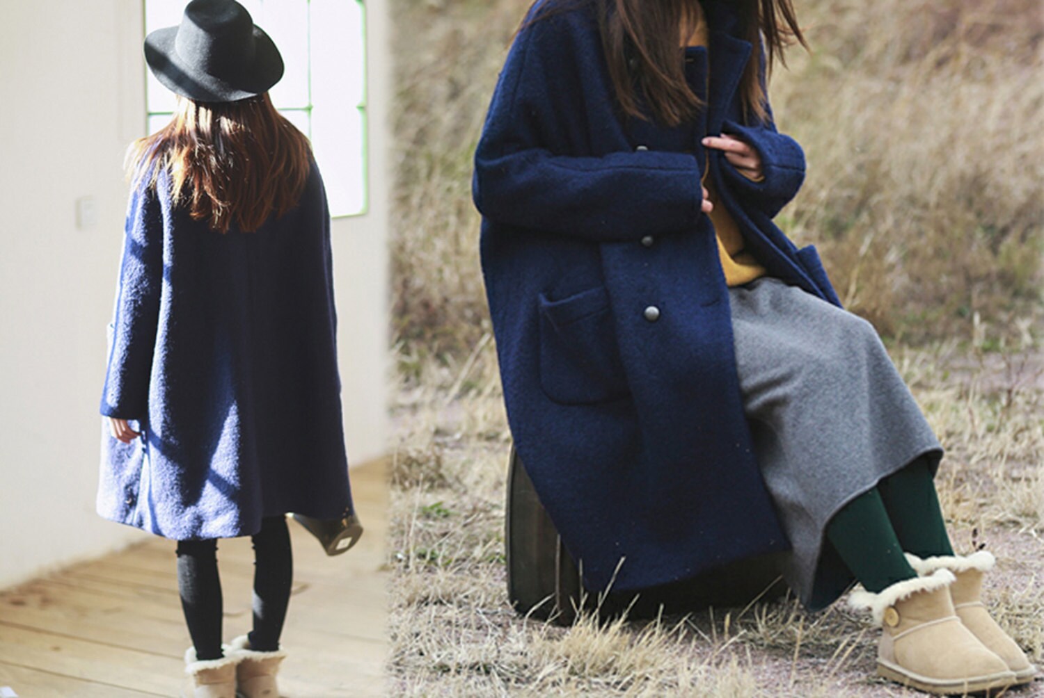 450-women's Loop-yarns Wool Oversized Coat, Double Breasted Wool ...