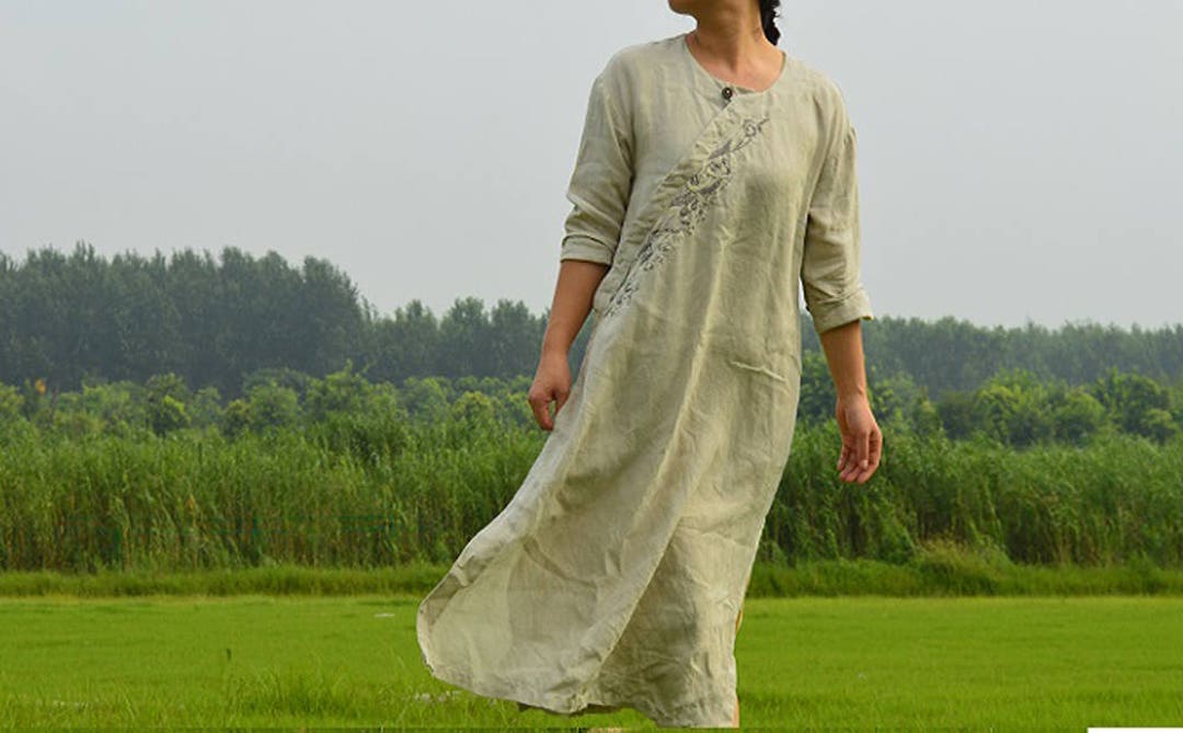 914---hemp Linen Dress, Natural Linen Robe Dress, Modified Cheongsam ...