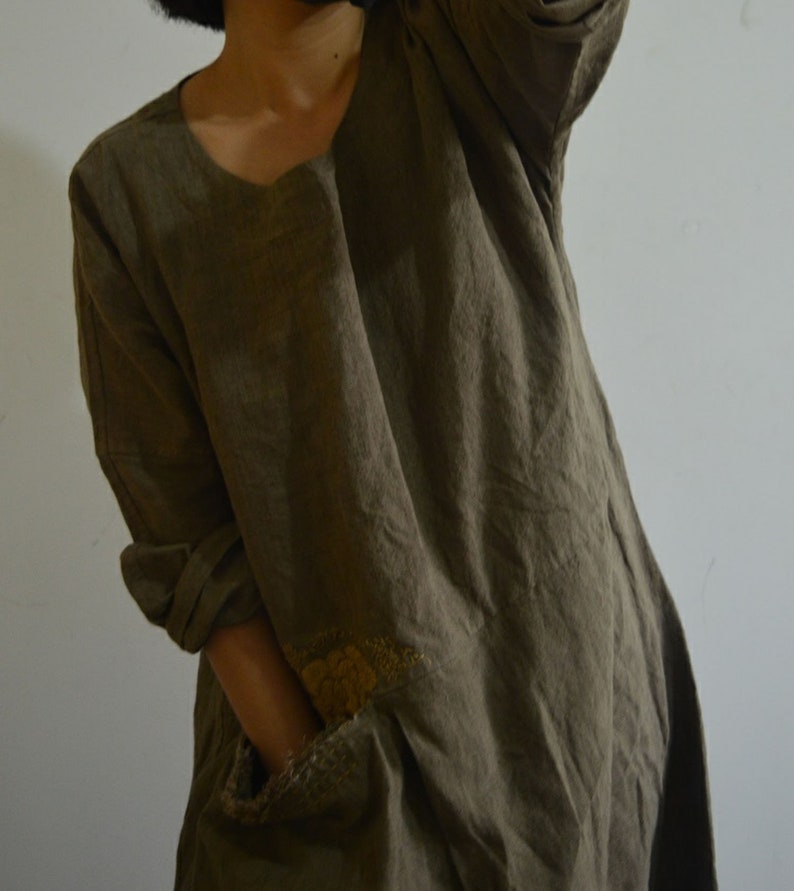 A141stone-washed Linen Dress Decored With Embroidered - Etsy