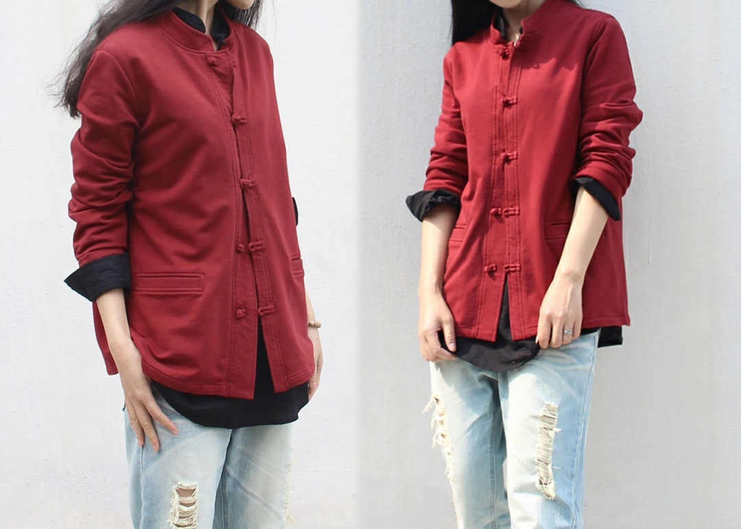 P021---women's Red Stand Collar French Terry Shirt, Green Chinese Jacket, Chinese Costume ...