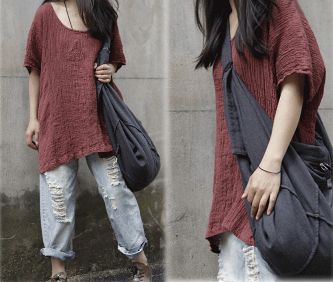 192---textured Linen Top, Supersize Short Sleeve Brown Crinkle Linen ...