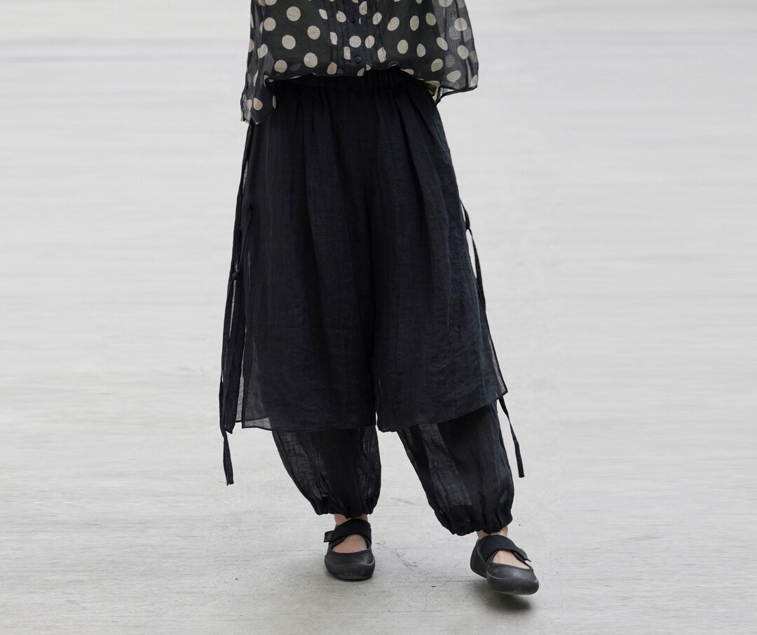 D257---high Counted Ramie Two Layer Lantern Pants in Black, Japanese ...