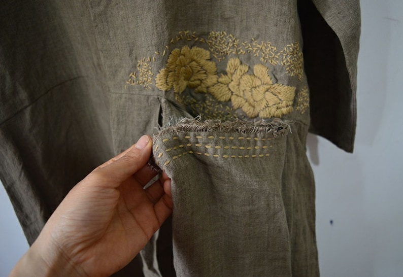 A141stone-washed Linen Dress Decored With Embroidered - Etsy