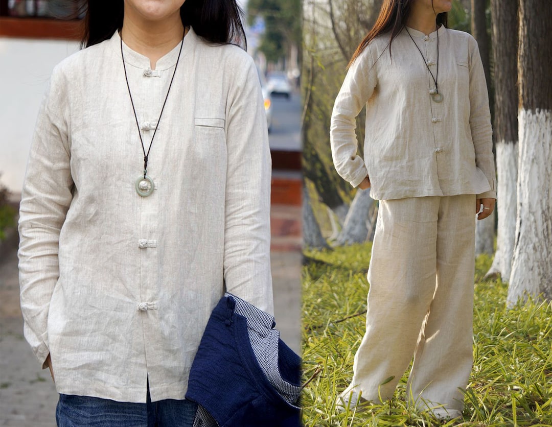 W043---flax Linen Chinese Suit, (top Only), Deditation Outfits, Gongfu ...