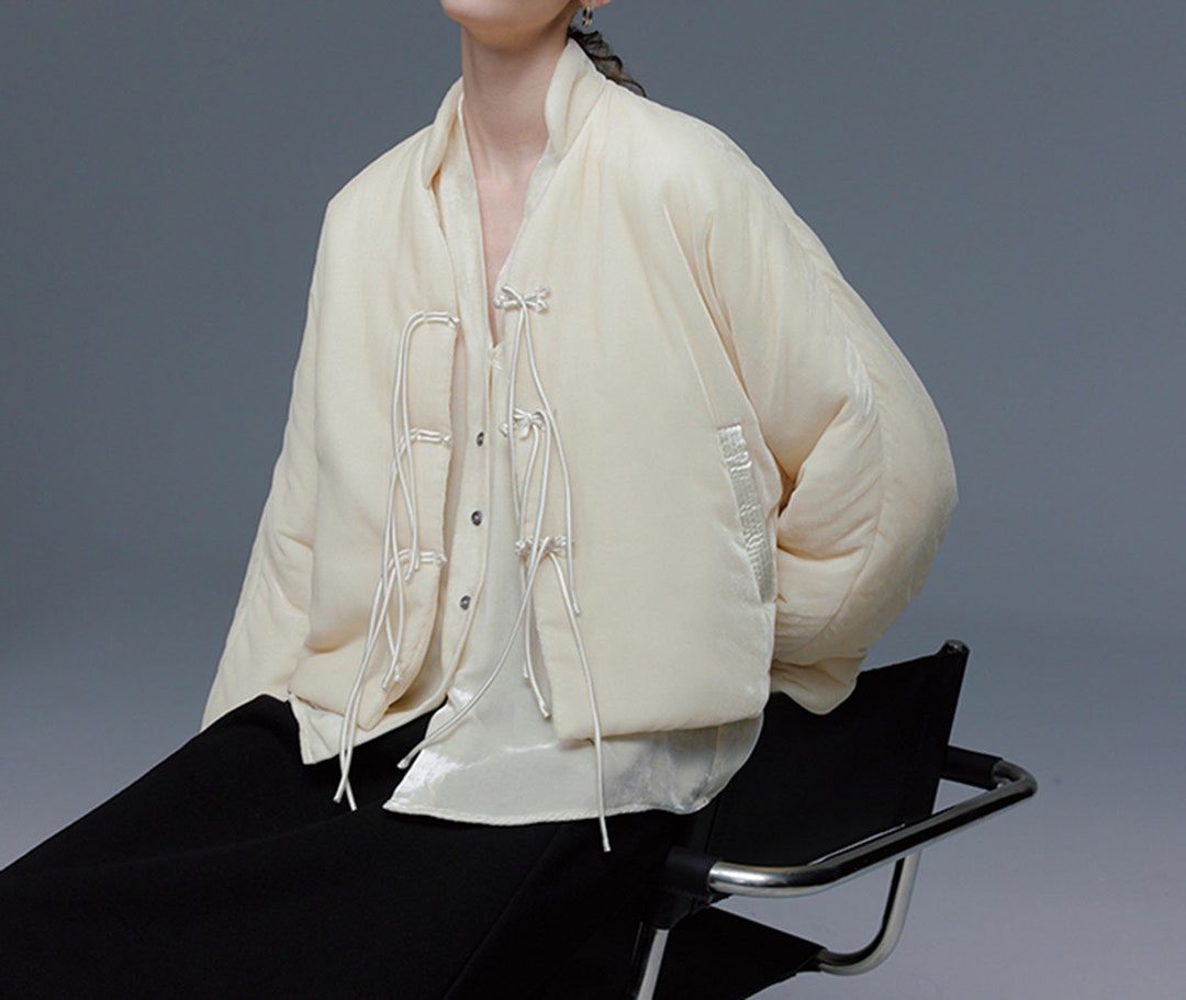 W080---spring Jacket, Silk Velvet Quilted Crop Jacket in Cream, Silk ...