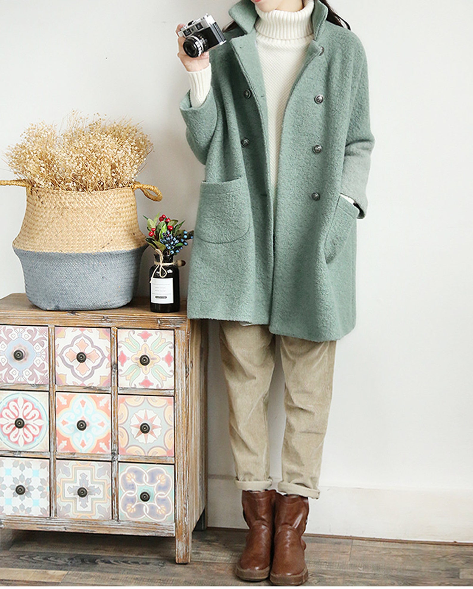450-women's Loop-yarns Wool Oversized Coat, Double Breasted Wool ...
