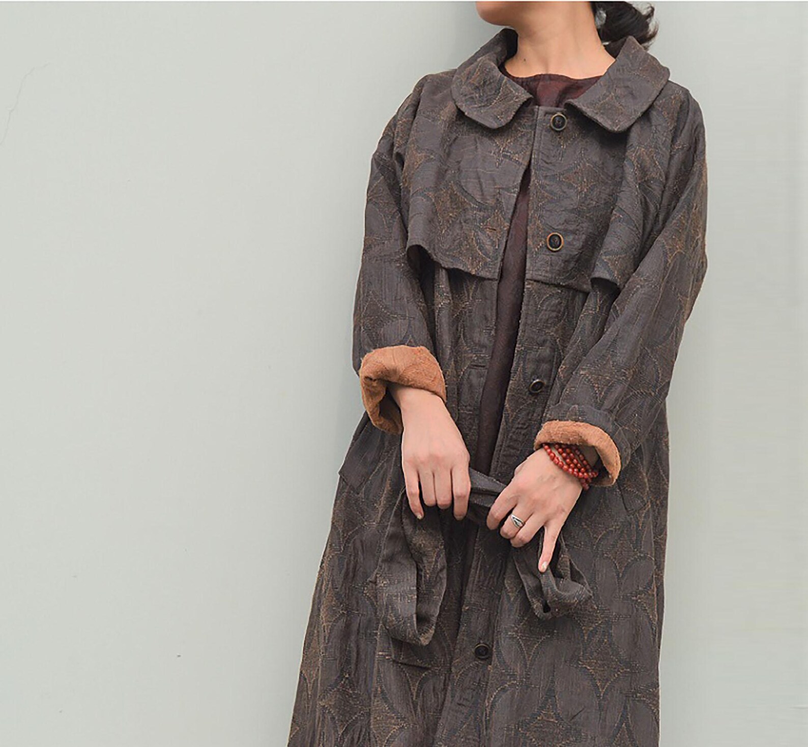 A318---mud Tussah Silk Jacquard Peter Pan Collar Trench Coat, Tussar ...