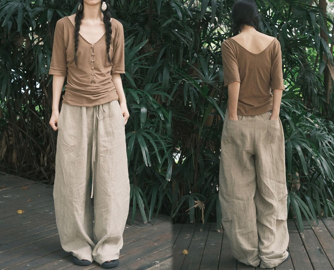 W034flax Linen Wide Leg Pleated Banana Pants With - Etsy