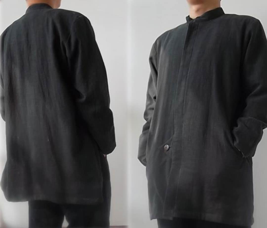 041---men's Lined Linen Cotton Blent Jacket, Fly Front,mandarin Collar ...