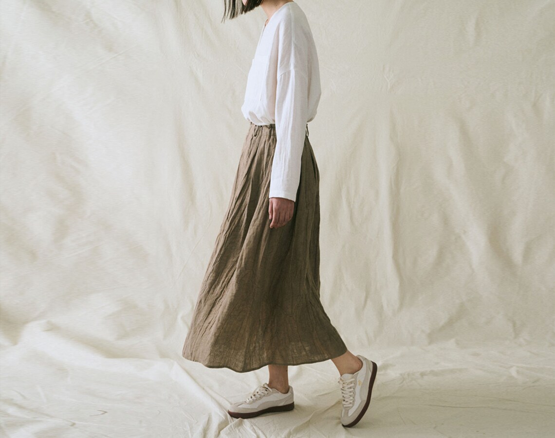 W047---distressed Crinkled Pigment Dyed Linen A-line Pleated Skirt, S M ...