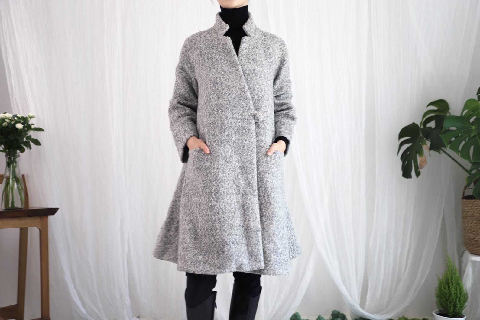 159-women's Loop-yarns Wool Trapeze Coat,a-line Bracelet Sleeves Winter ...