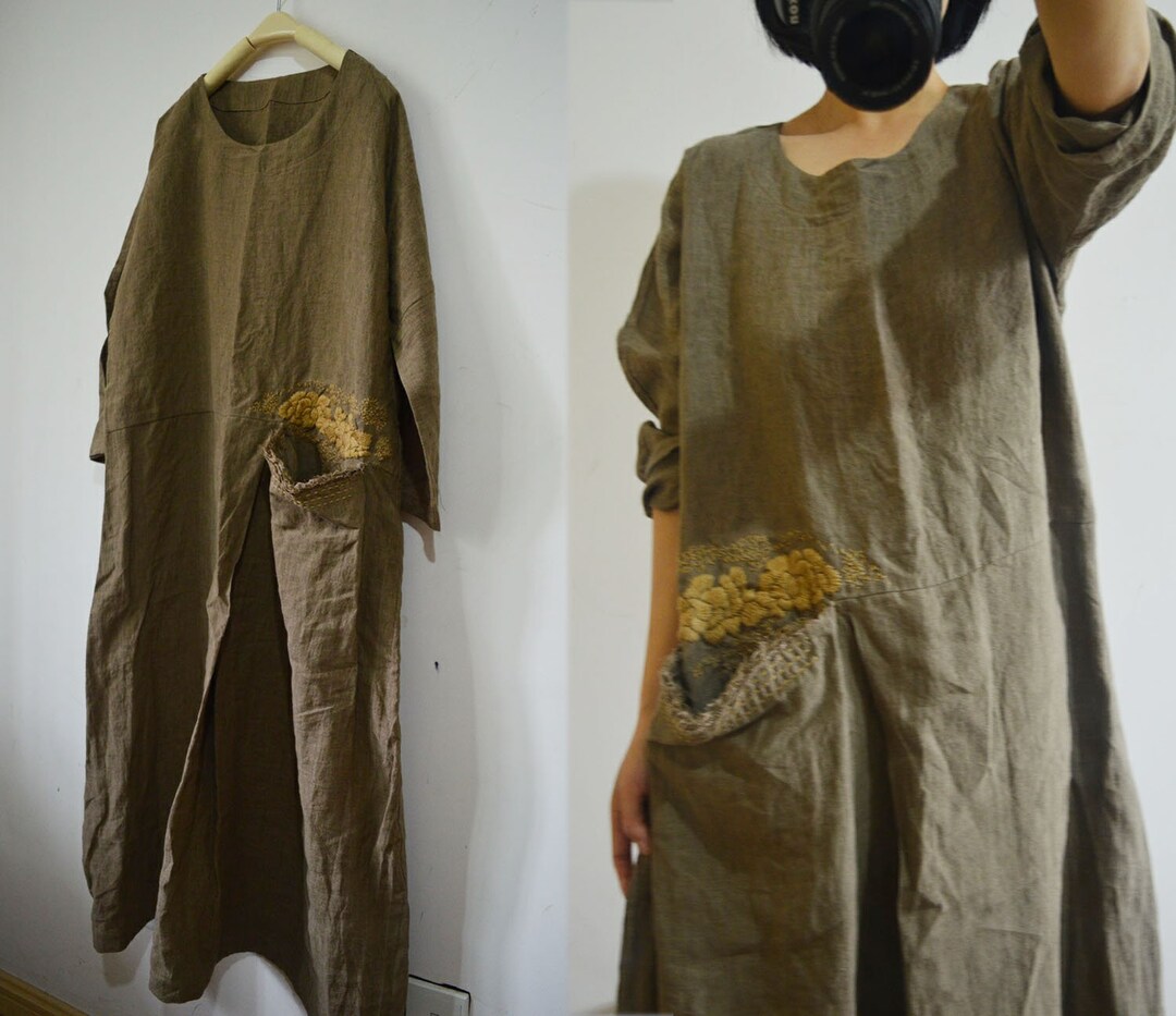 A141stone-washed Linen Dress Decored With Embroidered - Etsy