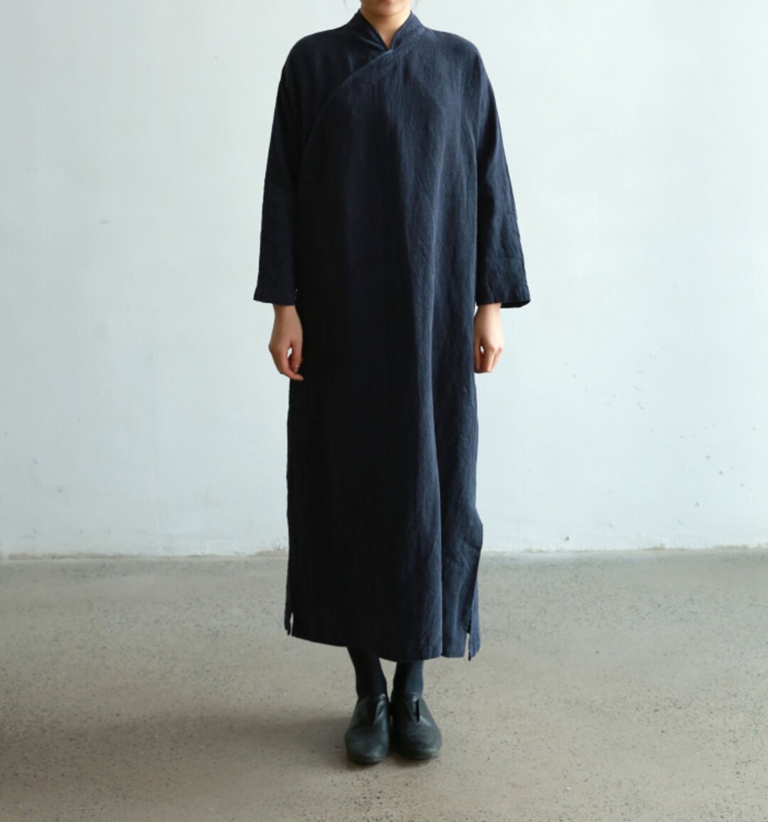 N002----simplicity Dark Blue Linen Modified Cheongsam Dress, Long ...