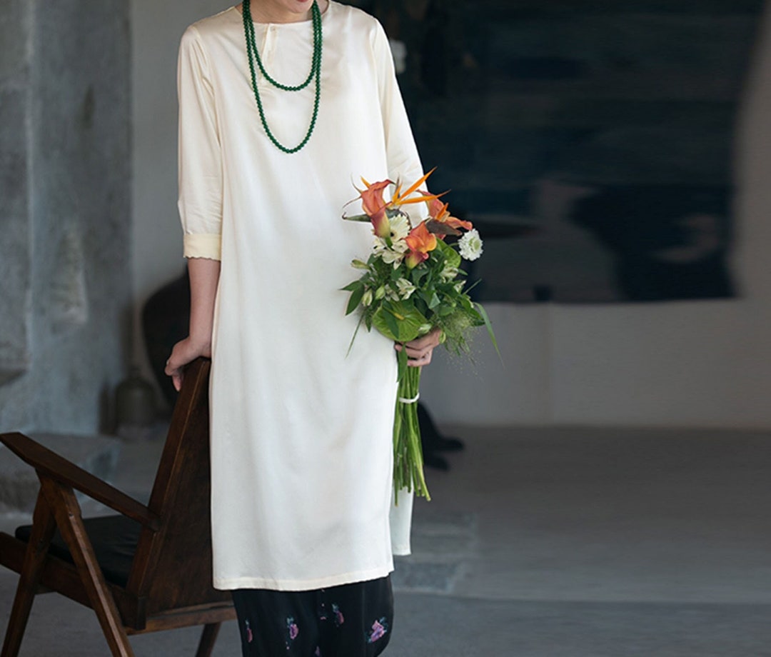 E074---women's Silk Charmeuse High Slit Tunic Top, Silk Modified ...