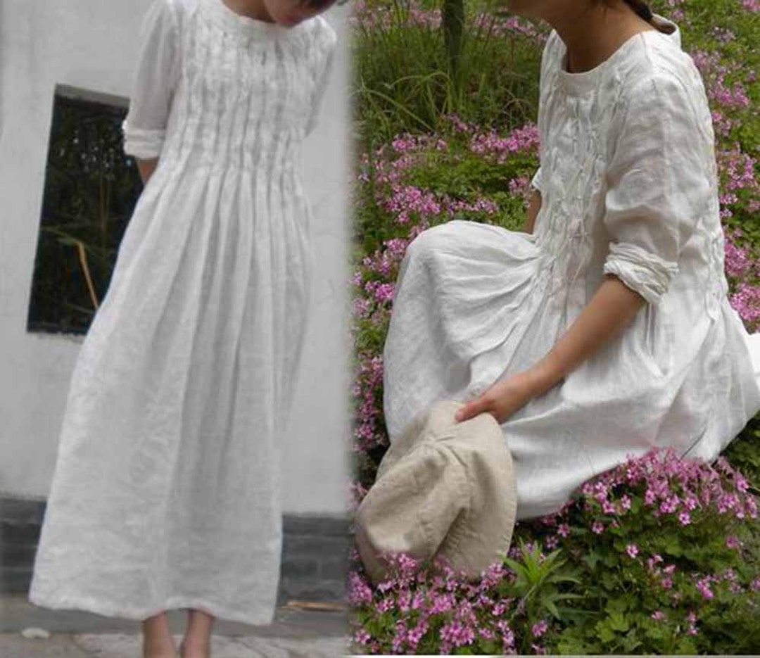 124---hand Ruching Pintucked Ruffle Maxi White Ivory Linen Tunic Dress ...