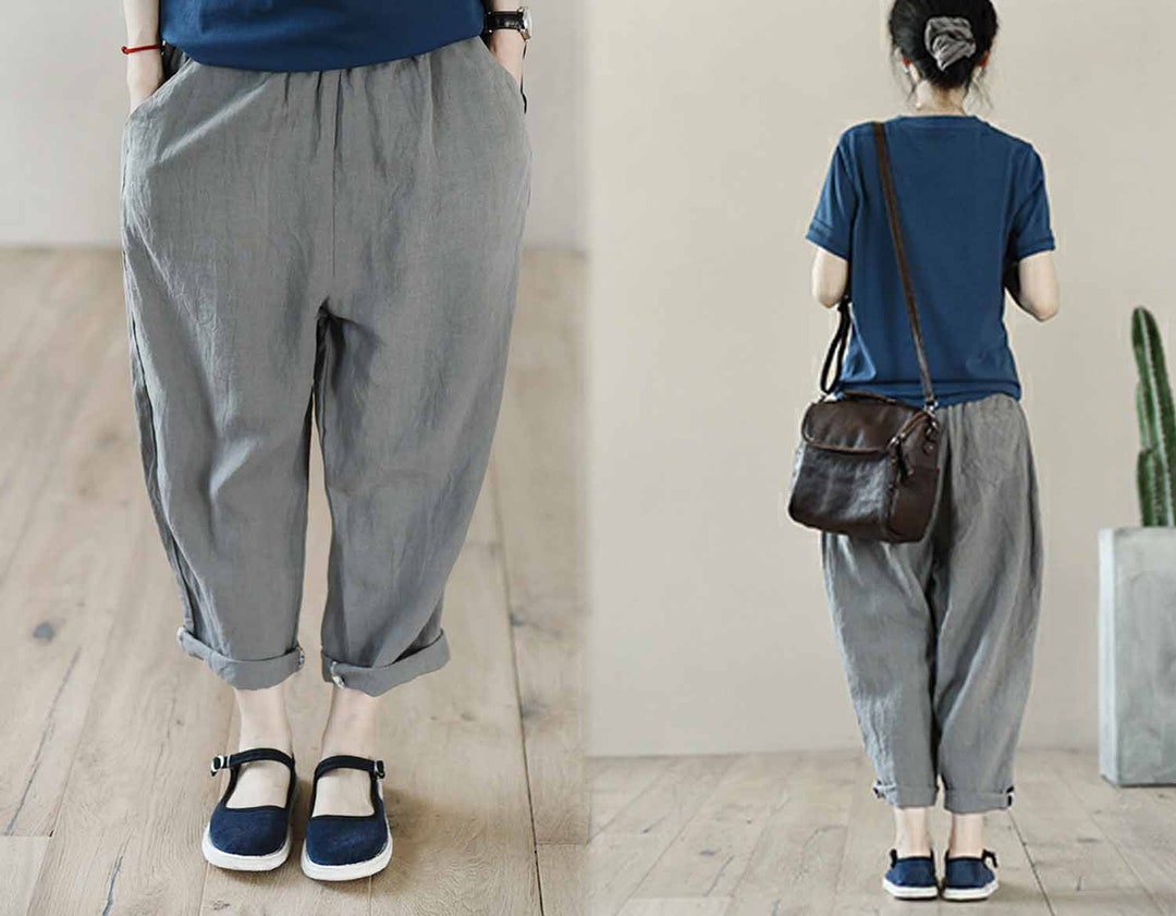 B049---tapered Boyfriend Grape / Gray / Pink Frenchlinen Pants, Relaxed ...