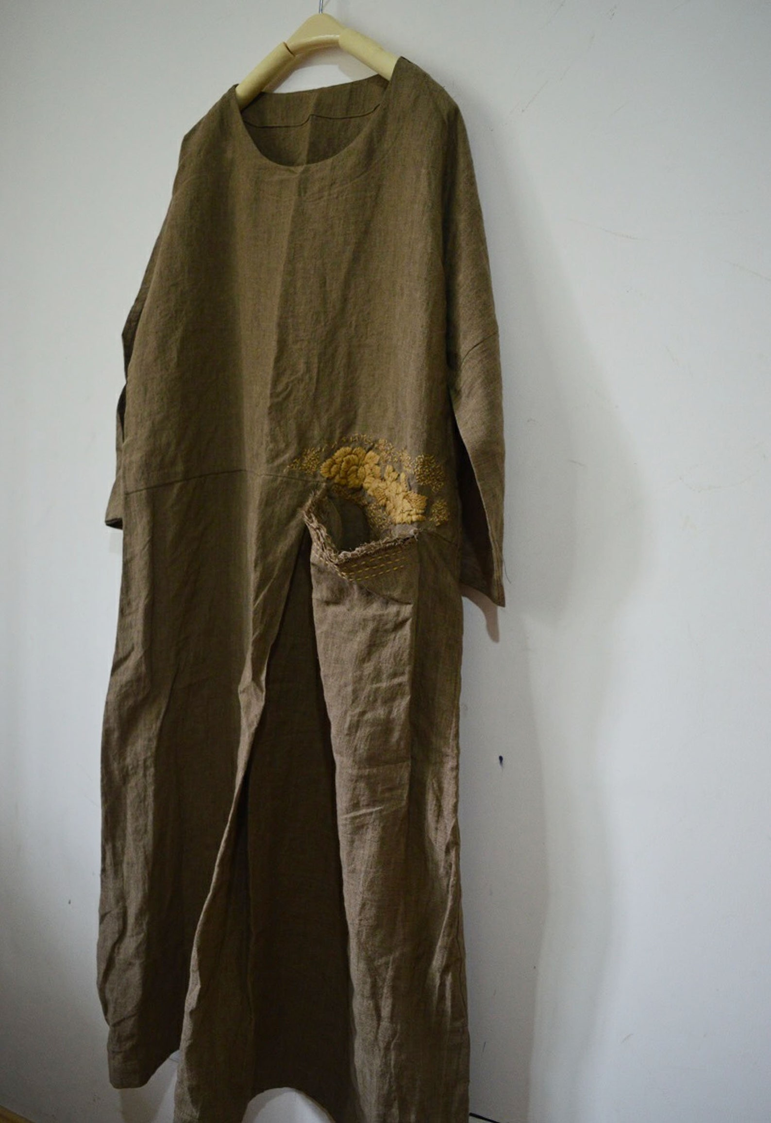 A141stone-washed Linen Dress Decored With Embroidered - Etsy