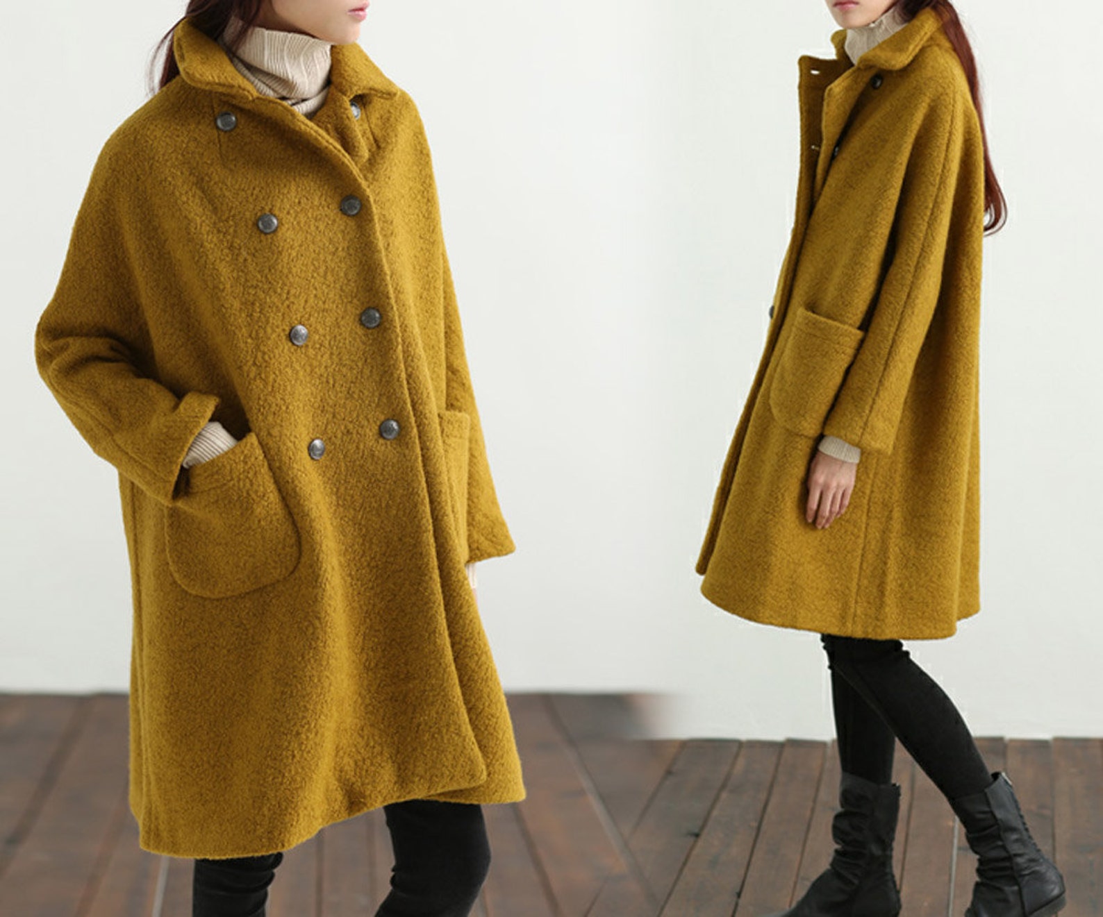 450-women's Loop-yarns Wool Oversized Coat, Double Breasted Wool ...