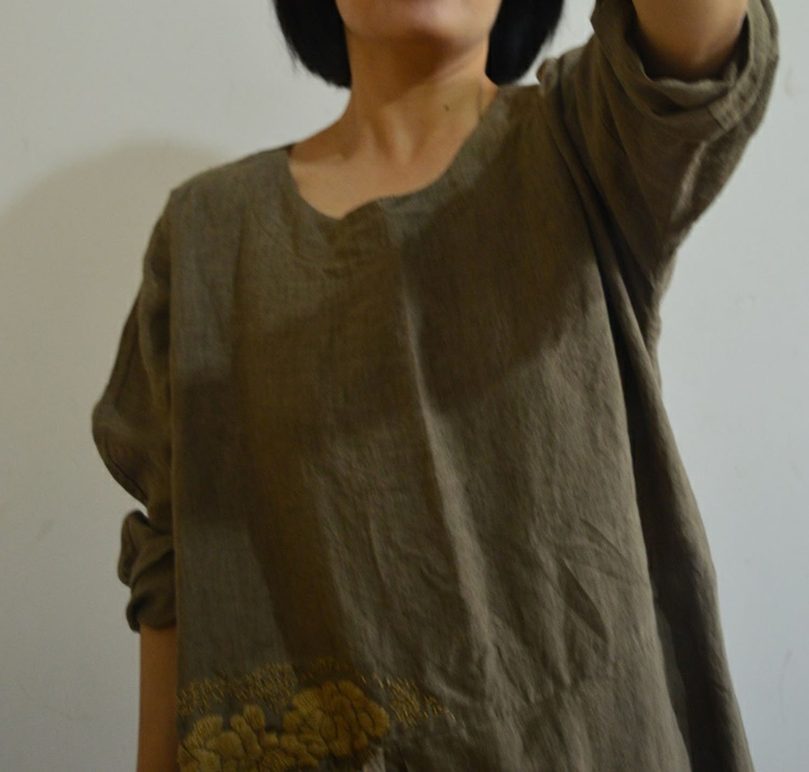 A141stone-washed Linen Dress Decored With Embroidered - Etsy