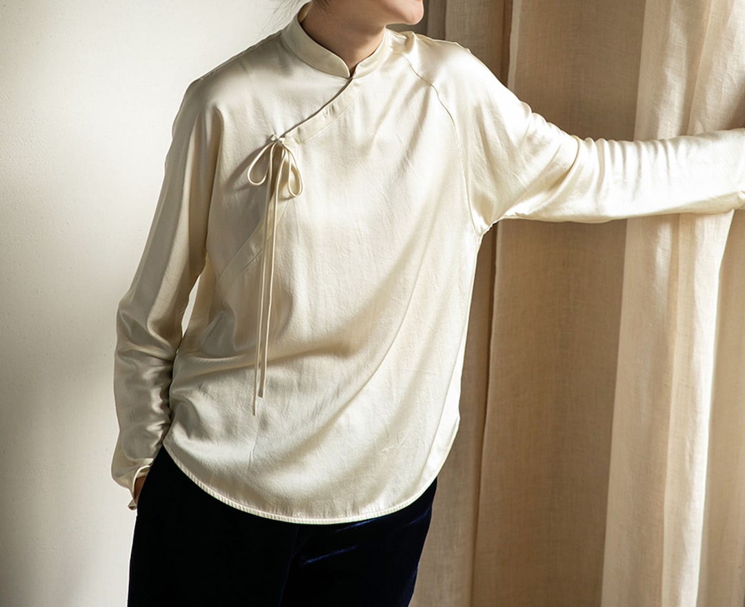 E106---stone Washed Silk Satin Chinese Blouse in Ivory Color, Silk ...