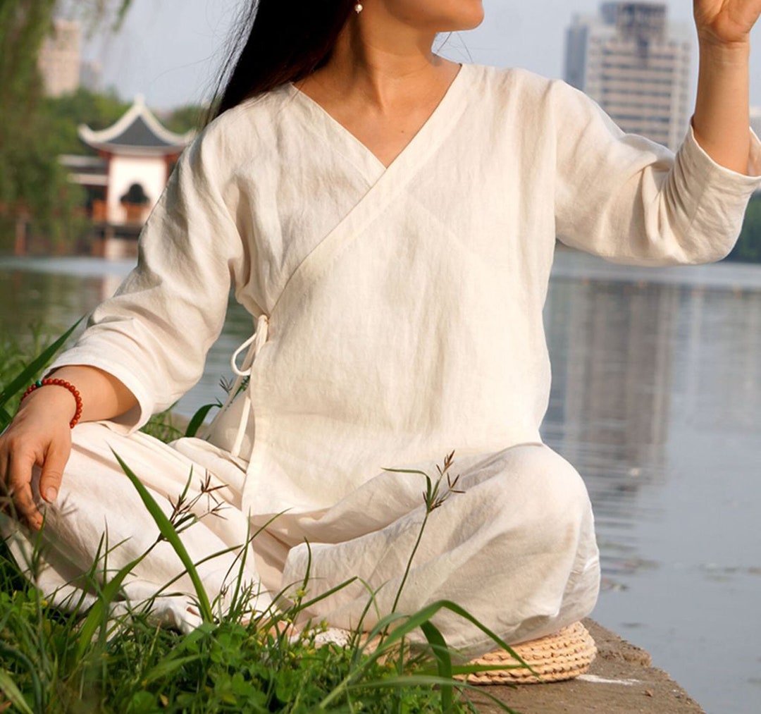 W036---washed Linen Hanfu Top in Off-white Color, Yoga Set, Gongfu ...