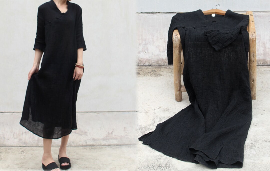 227---texture Linen Black Qipao Dress, Cheongsam, Cheong-sam, A-line ...