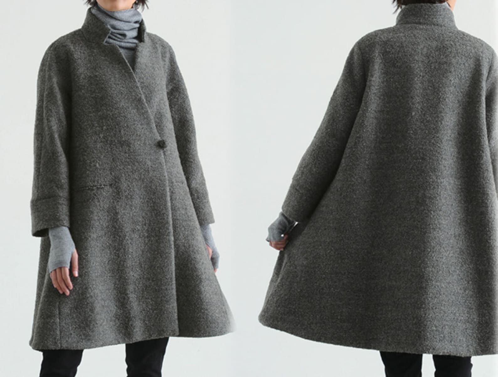 159-women's Loop-yarns Wool Trapeze Coat,a-line Bracelet Sleeves Winter ...