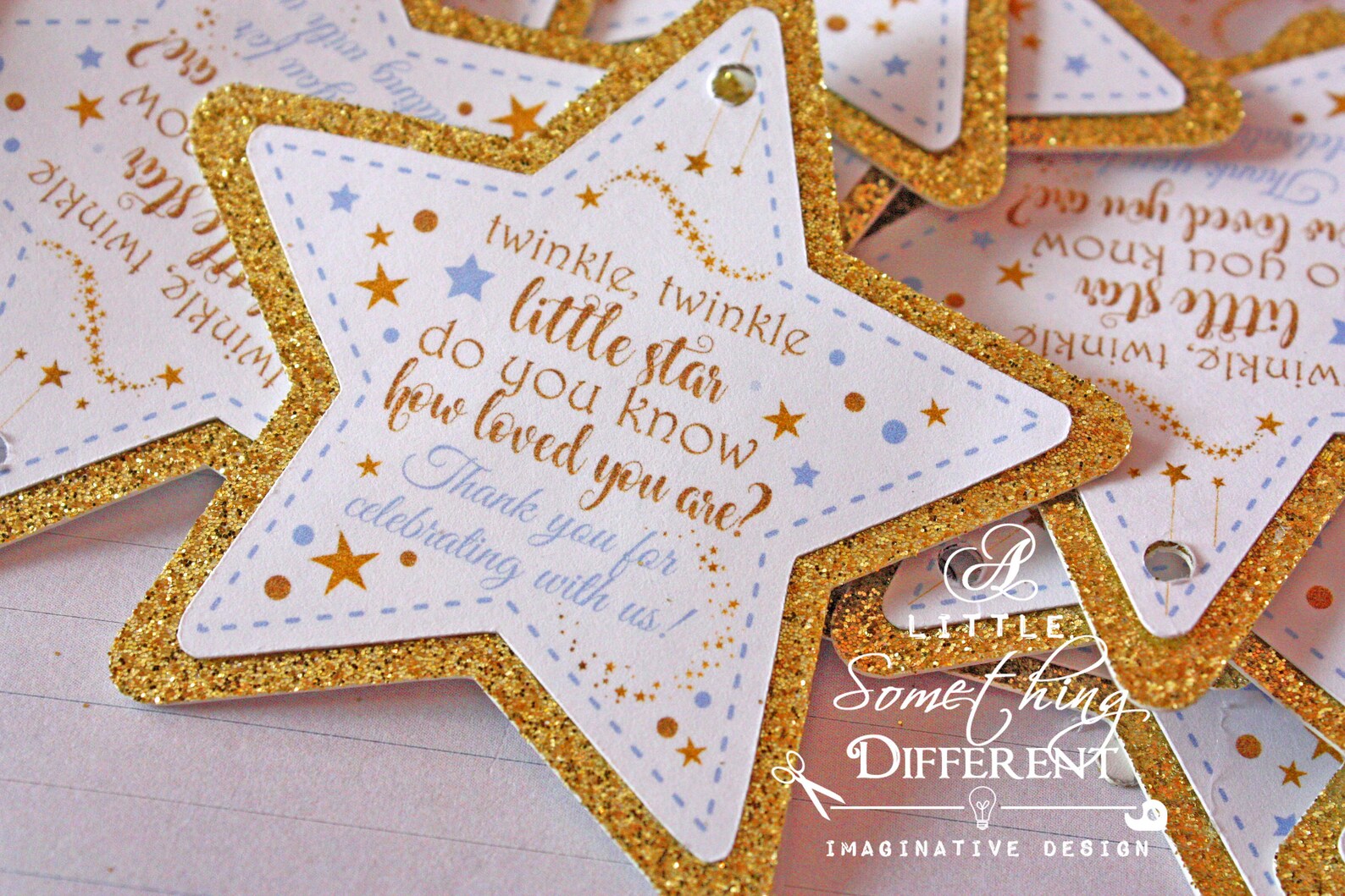 Baby Blue and Gold Glittery Star Tags, Twinkle Little Star Favor Tags ...