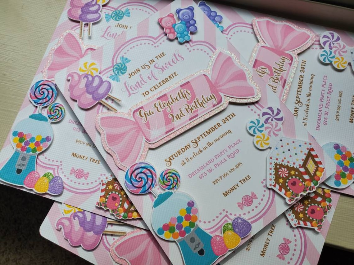 Candy Land Birthday Invitations: Glitter Popup, Sweet Shop Theme (set ...