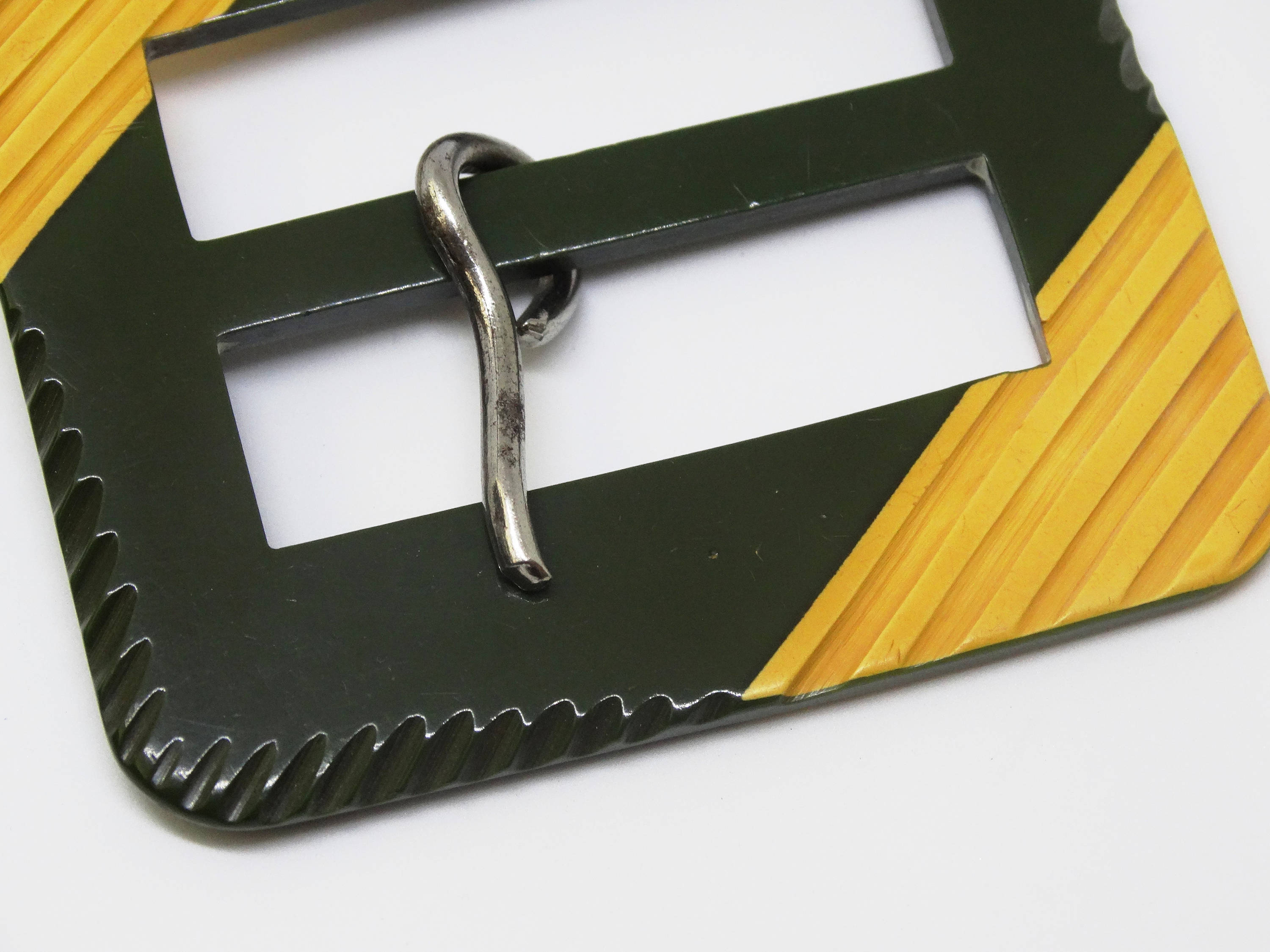 Large Bakelite Two Toned Green Yellow Carved Belt Buckle Deco Bakelite ...