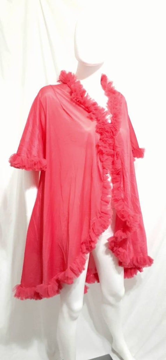 1960s Red Sheer Ruffled Nylon Short Boudoir Robe - Gem