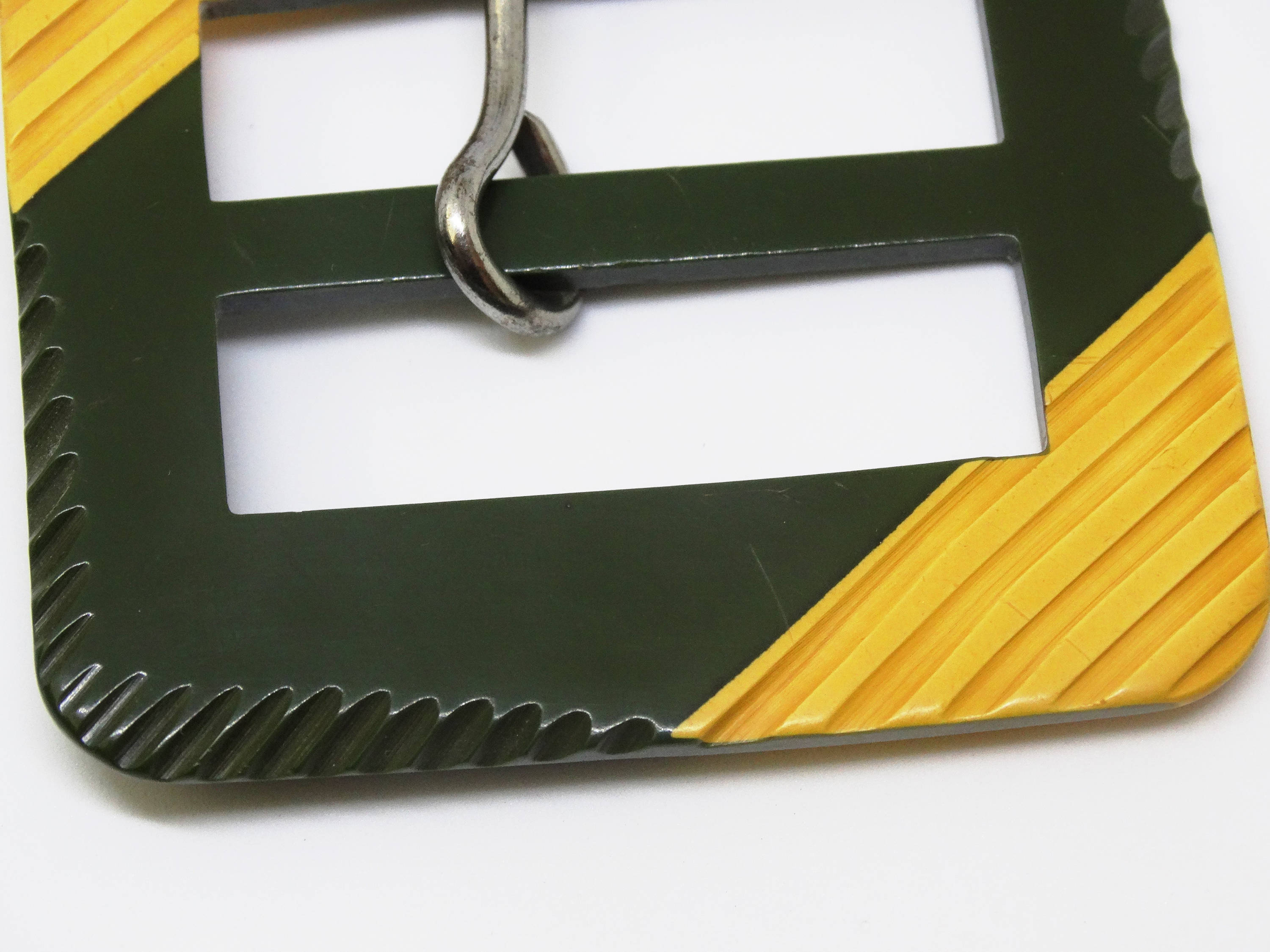 Large Bakelite Two Toned Green Yellow Carved Belt Buckle Deco Bakelite ...