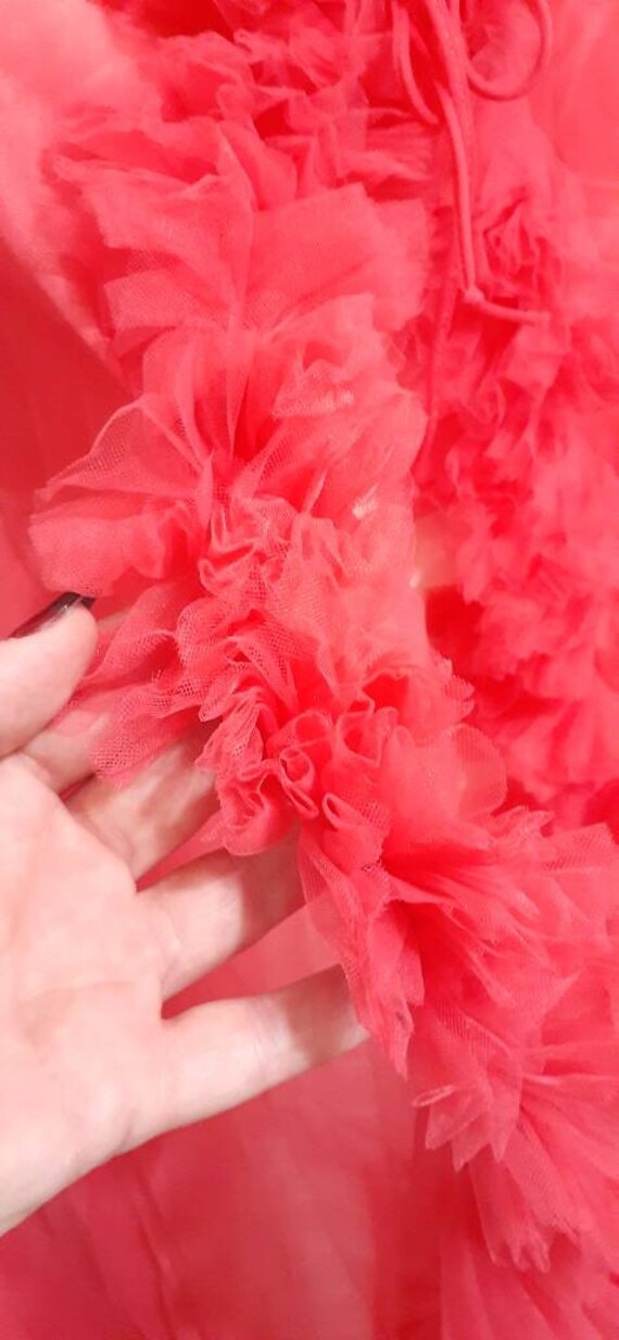 1960s Red Sheer Ruffled Nylon Short Boudoir Robe - Gem