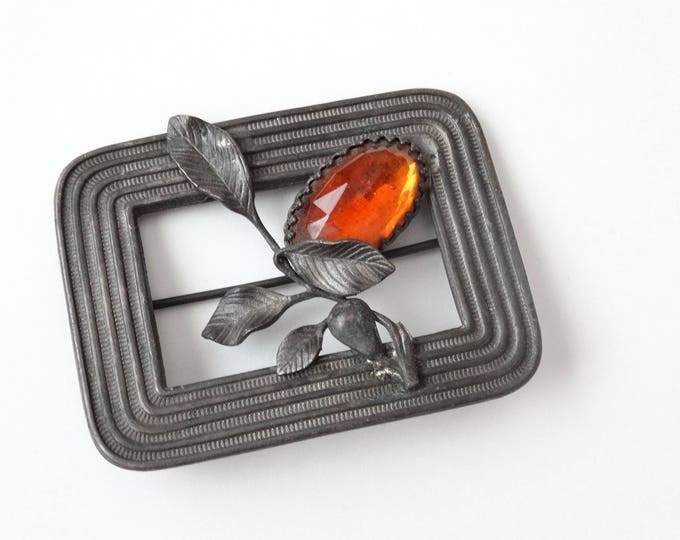 Victorian Brass and Orange Topaz Glass Sash Pin Leaf Brooch - Etsy