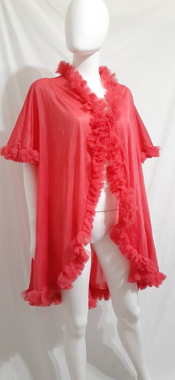 1960s Red Sheer Ruffled Nylon Short Boudoir Robe - Gem