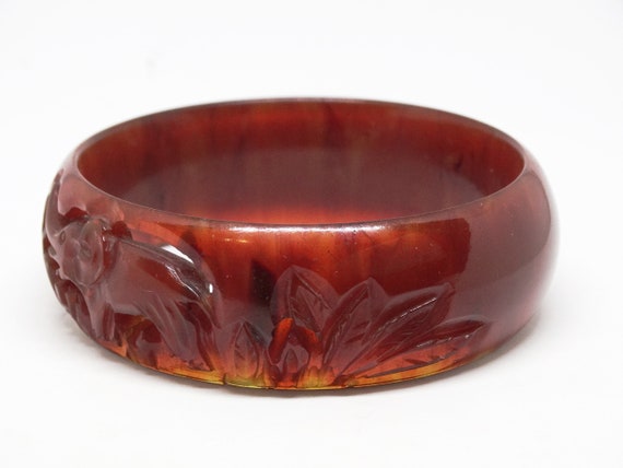French Art Deco Carved Galalith Elephant Bangle 1 Inc… - Gem