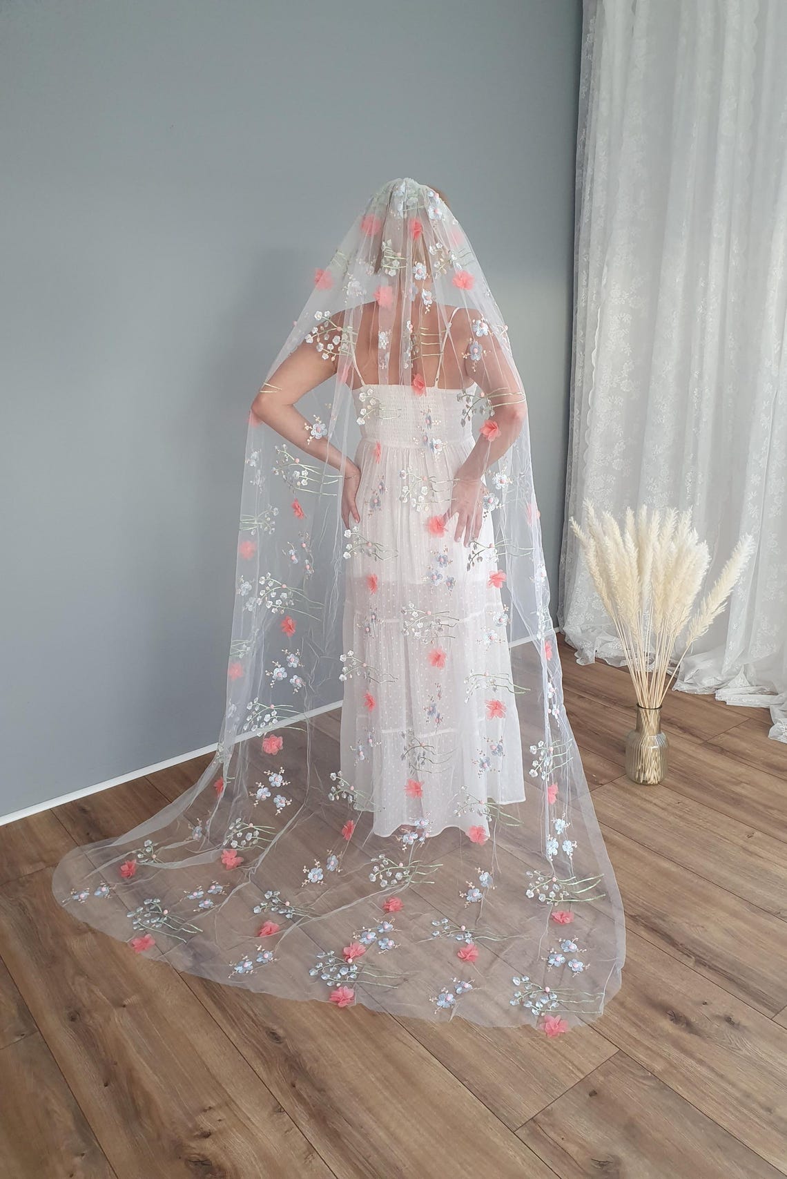 Long Soft 3D Flower Veil, Wildflower Chapel Veil Bridal Wedding ...
