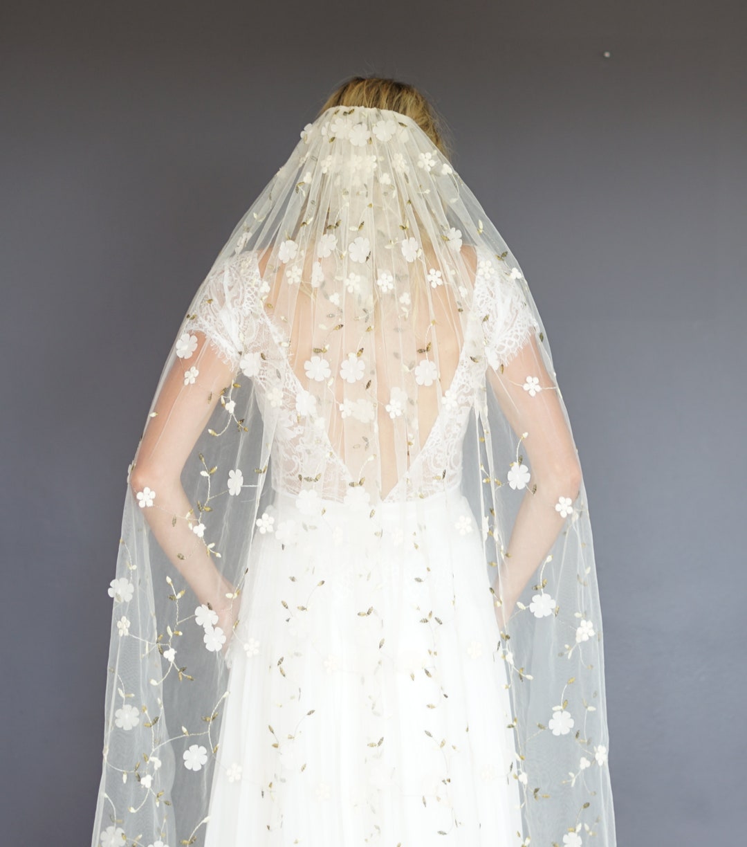 Long Wildflower Floral Veil Bridal Wedding, Floral Embroidery Wedding ...