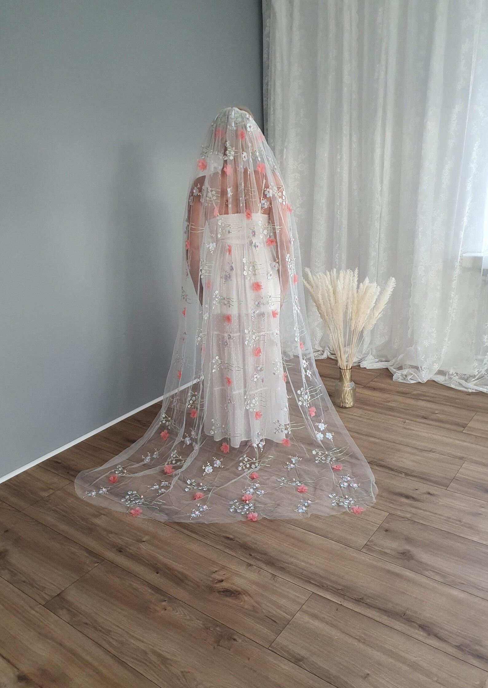 Long Soft 3D Flower Veil, Wildflower Chapel Veil Bridal Wedding ...