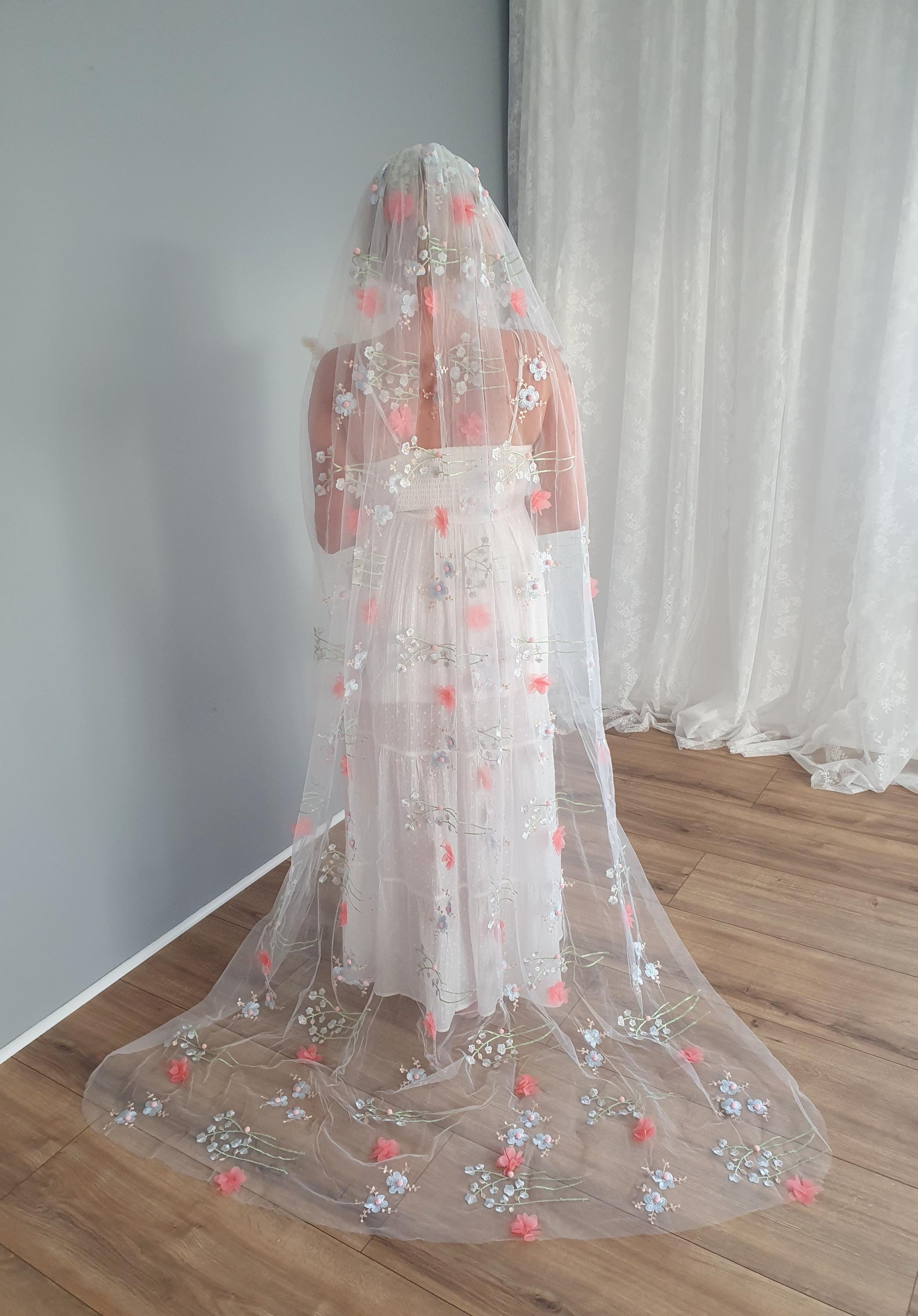 Long Soft 3D Flower Veil, Wildflower Chapel Veil Bridal Wedding ...
