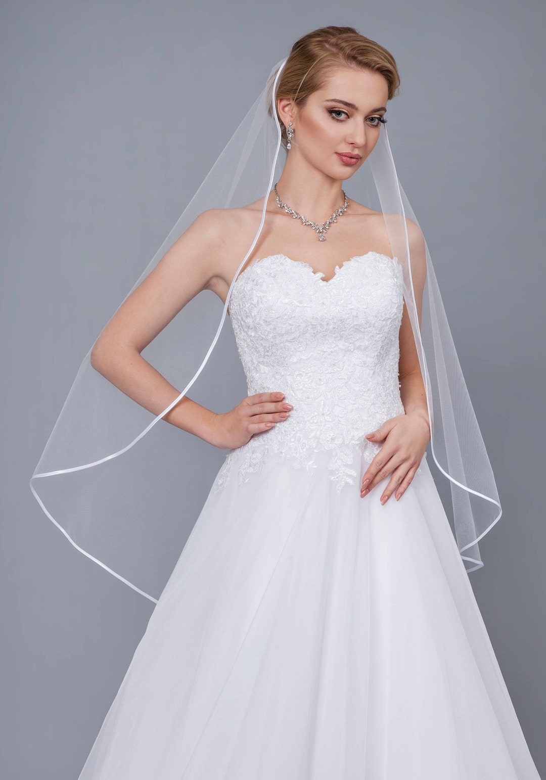 Soft Satin Ribbon Edge Veil Wedding Bridal Veil Ribbon Veil Elbow ...