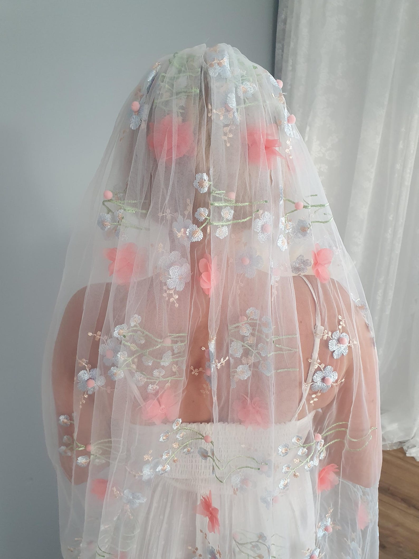 Long Soft 3D Flower Veil, Wildflower Chapel Veil Bridal Wedding ...
