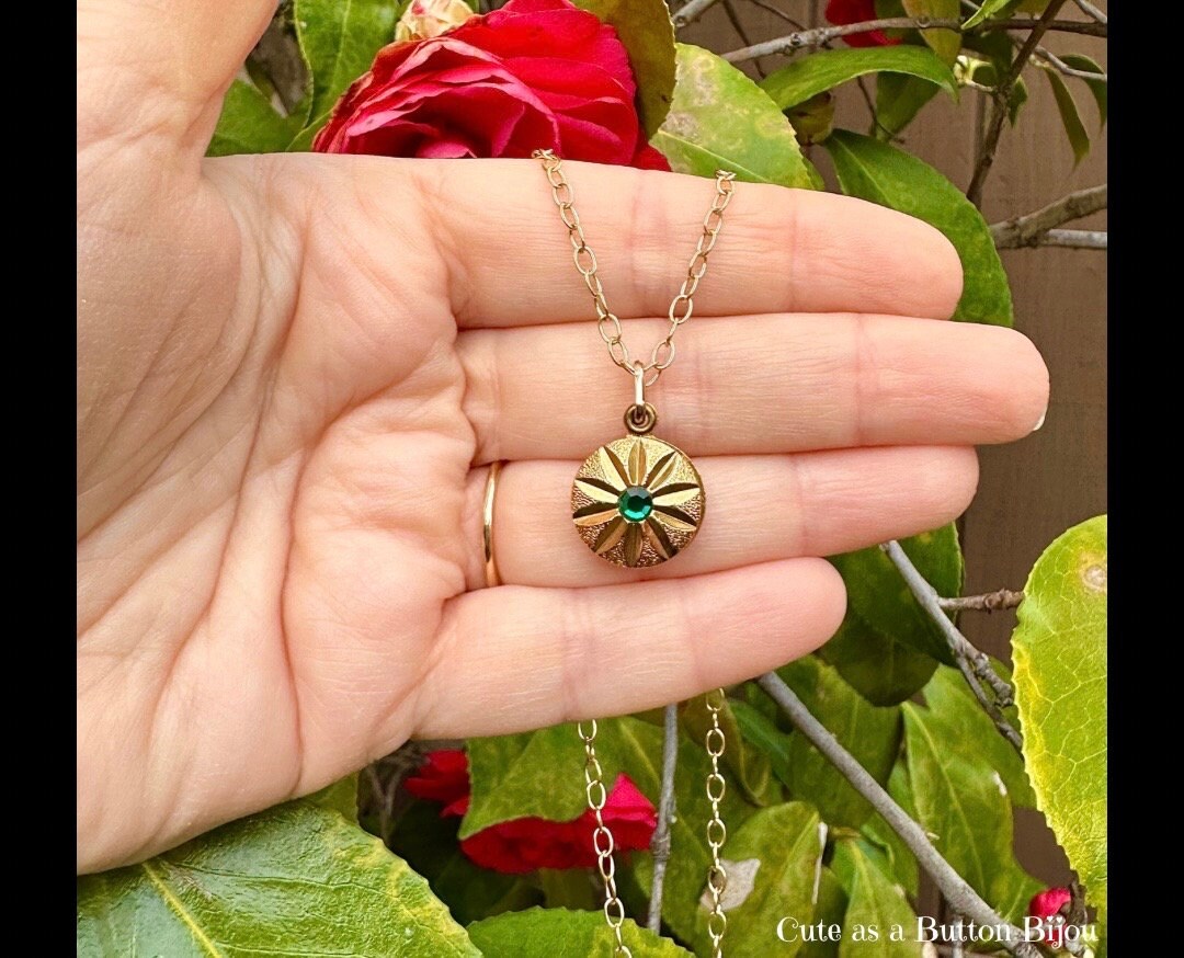 Vintage Gold Brass Round Emerald Locket Necklace With 14k Gold Filled ...