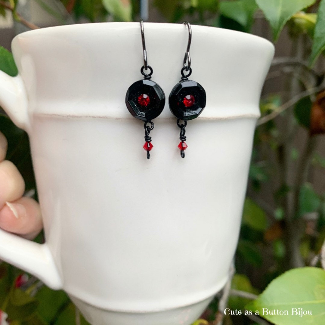 Vintage Black Glass Buttons With Red Rhinestones and Red Swarovski ...