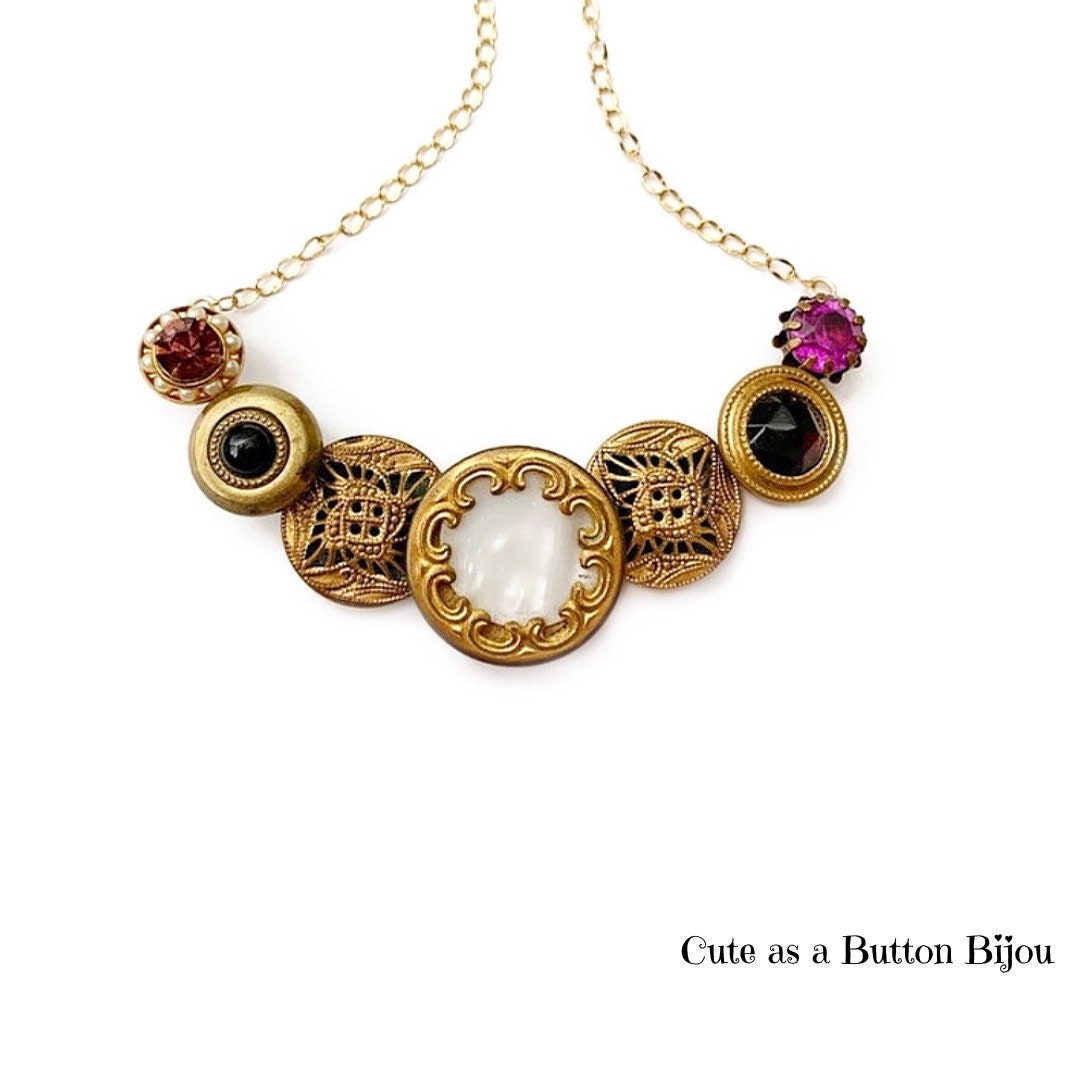 Vintage Gold Button Necklace: Mother of Pearl & Rhinestone Pendant - Etsy