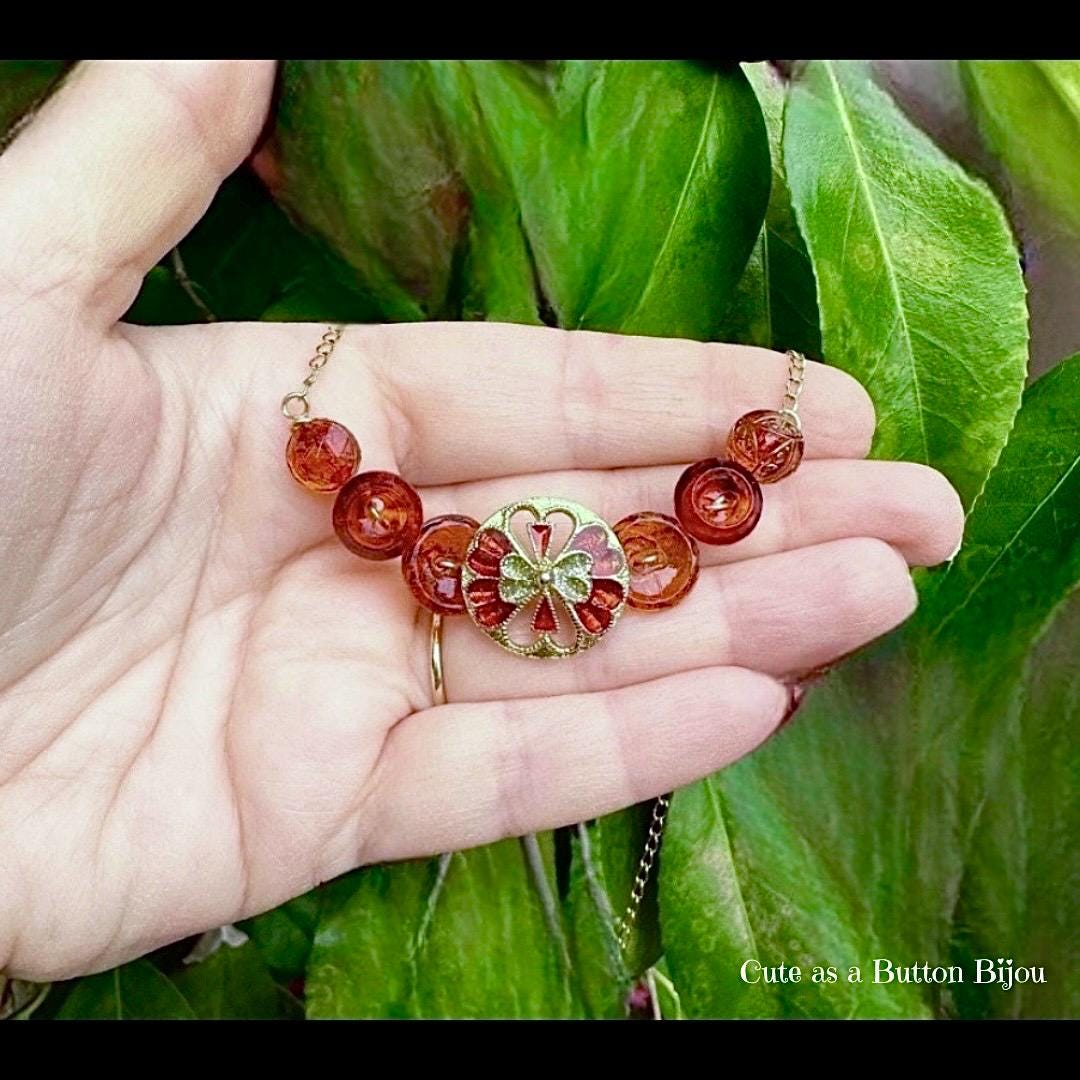 Vintage Chestnut Brown Glass, Lucite and Enamel Button Necklace With ...